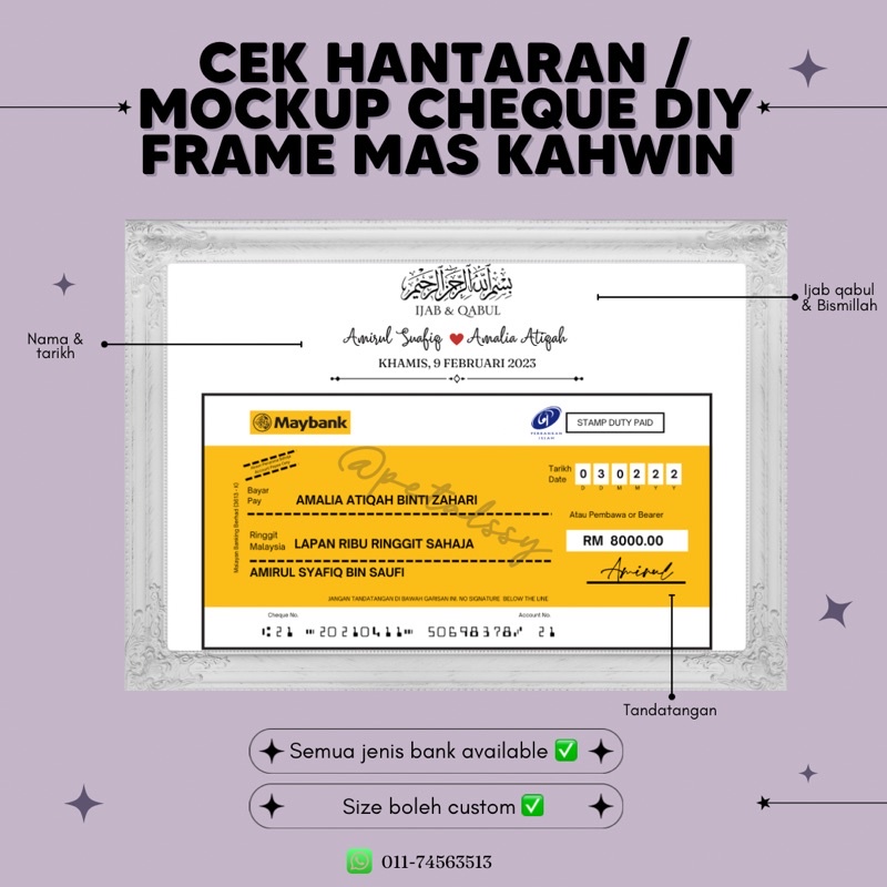 CUSTOM MOCKUP CHEQUE MAS KAHWIN + NAMA & TULISAN / CEK REPLIKA HANTARAN ...