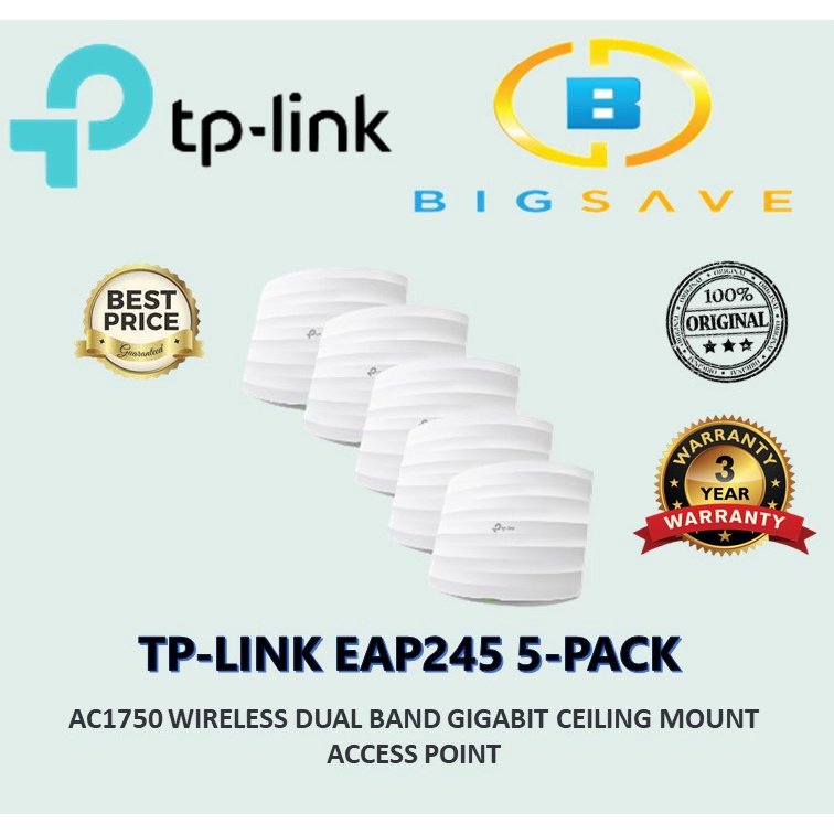 TP-LINK EAP245 (5-PACK) AC1750 WIRELESS DUAL BAND GIGABIT CEILING MOUNT ...