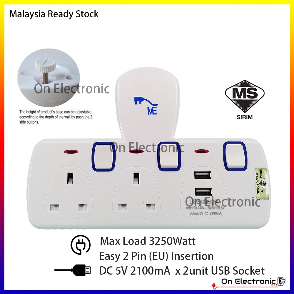 2 Way USB + 2Way / 2Gang and 2USB T-Adaport Adaport 3pin Socket Extension Plug Neon Indicator ...