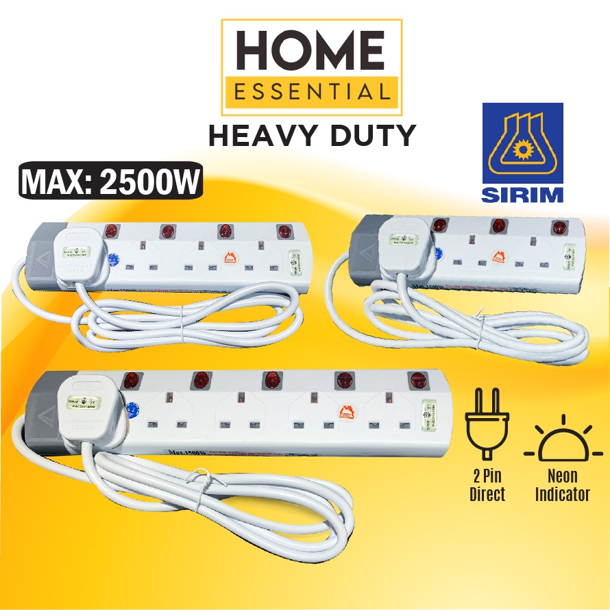 Heavy Duty 2500W Extension Trailing Socket 3 / 4 / 5 Gang 2 Meter Extention Plug 1.25mm x 3 Core ...