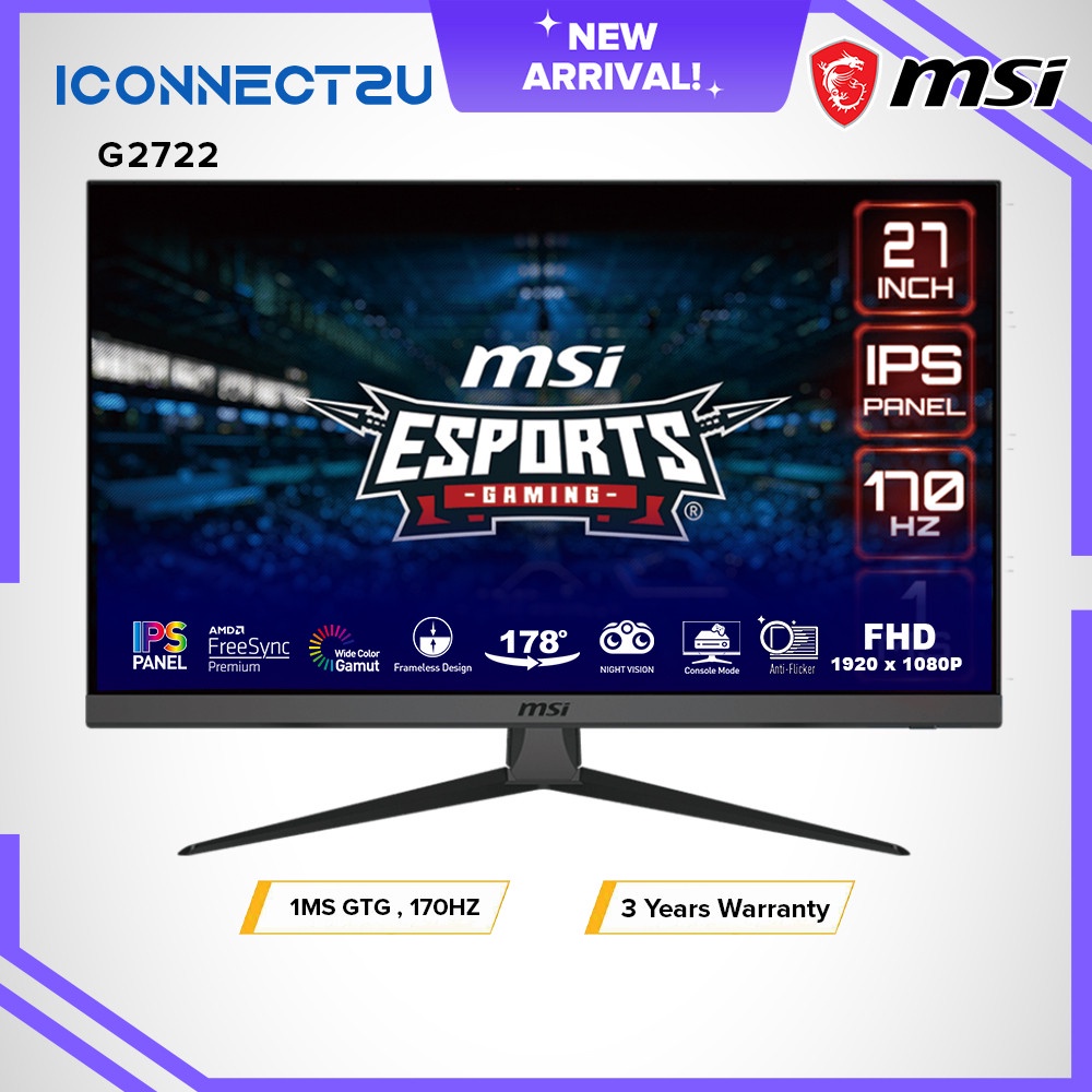 MSI 27" G2722 IPS FHD 170Hz 1ms Night Vision Freesync Premium Frameless Esports Gaming Monitor ...