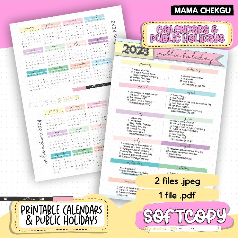 Softcopy Printable Calendars 2024/2025 & Public Holidays | Shopee Malaysia