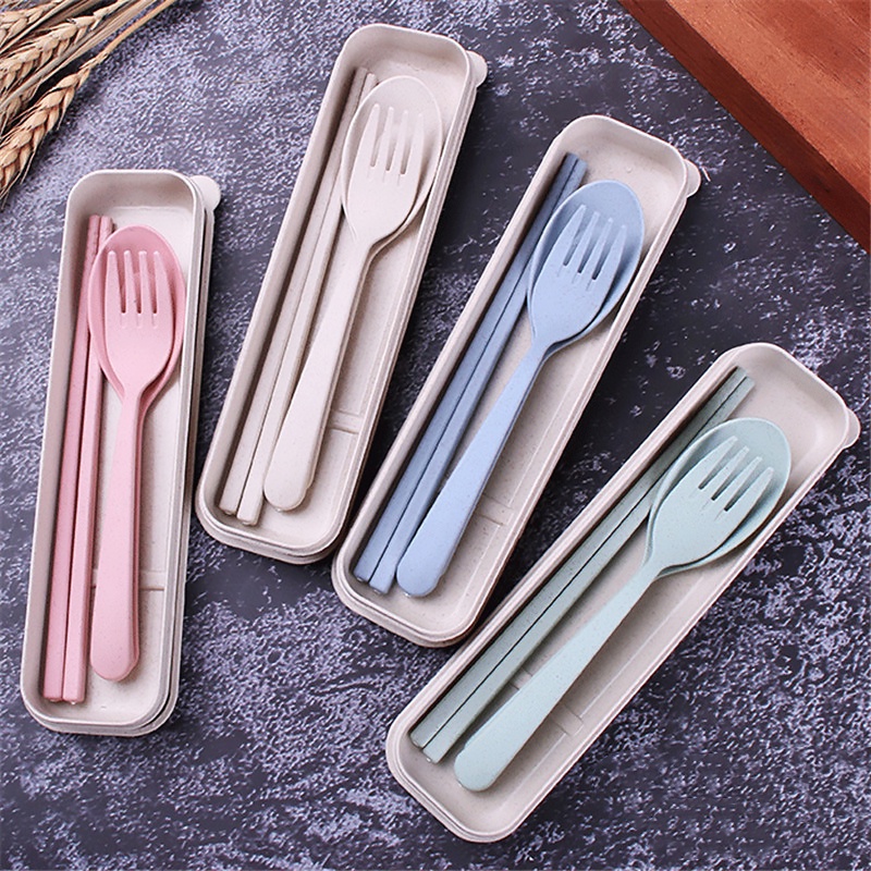 Wheat Cutlery Set 3 PCS Eco-friendly Lightweight Dinnerware Kit Box ...
