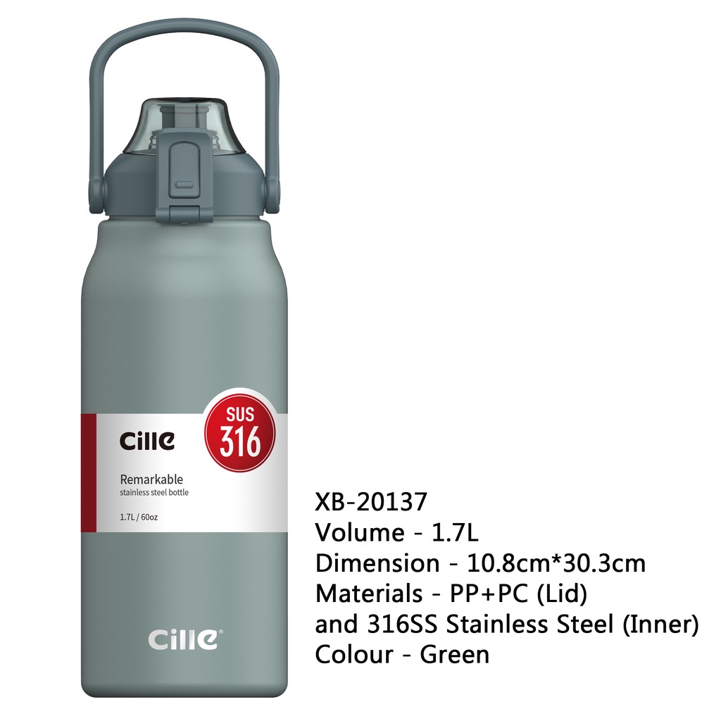 Cille 1.3L/1.7L 316SS Stainless Steel Vacuum Flask Thermoses Water Bottle Premium Bottle (Double ...