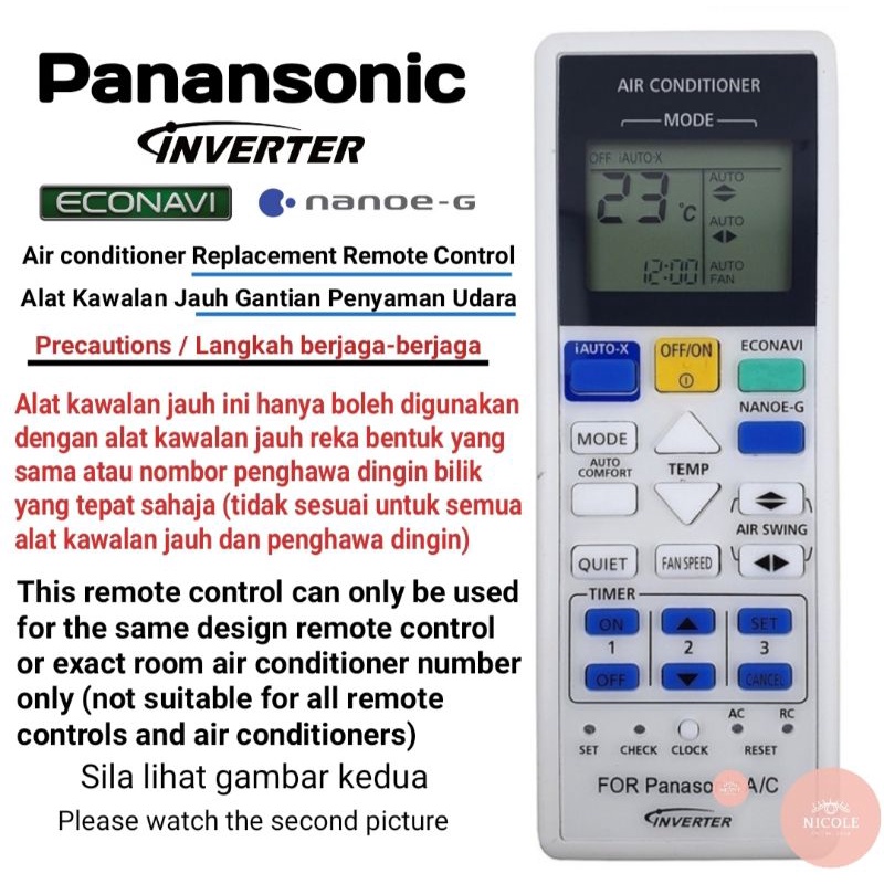 Panasonic Inverter Air Cond Air Conditioner Replacement Remote Control ...
