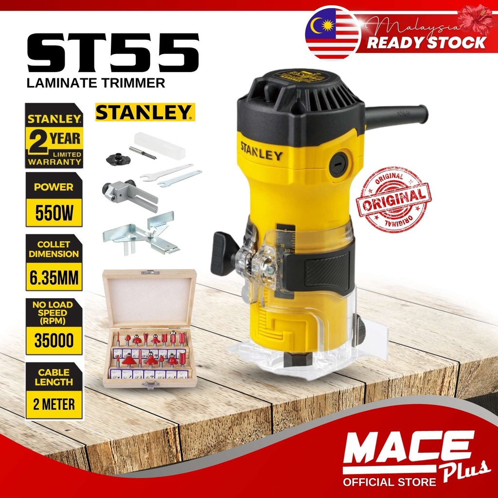 STANLEY ST55 550W Corded Hand Trimmer Wood Router Durable Wood + 12pcs ...