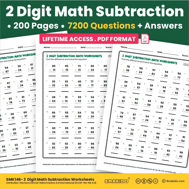 [ Soft Copy/ PDF] 7200 Questions- 2 Digit Subtraction Math Worksheets ...