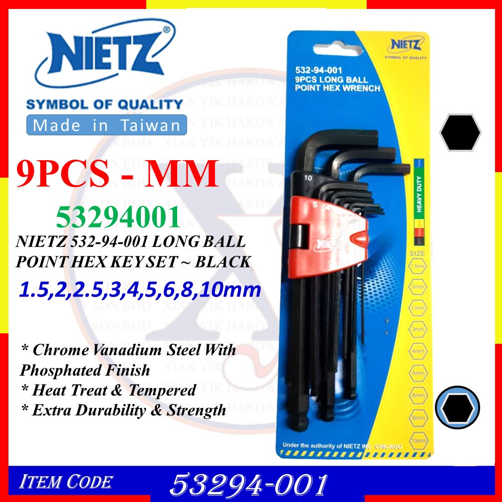 53294-001 (9PCS MM) NIETZ LONG BALL POINT HEX KEY SET ~ BLACK NIETZ ...