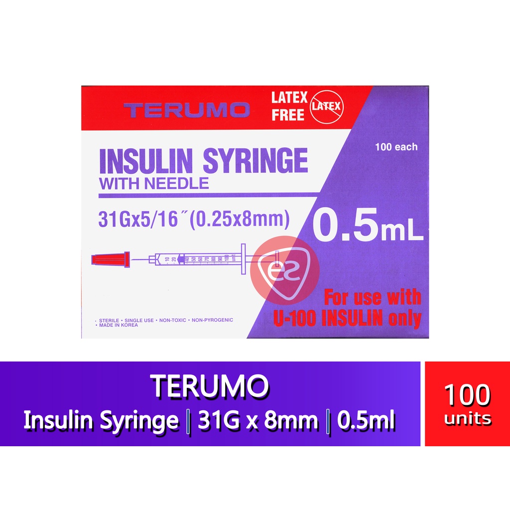 TERUMO INSULIN SYRINGE 0.5ML WITH NEEDLE 31G X 5/16" (0.25 X 8MM) 100 UNITS (CODE SS*05M3108KS ...