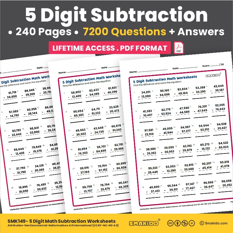 [ Soft Copy/ PDF ] 5 Digit Subtraction Math Worksheets | Latihan Tubi ...