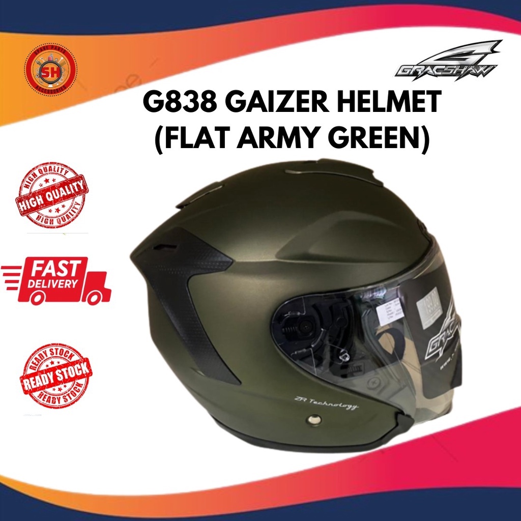 Helmet Gracshaw G838 Gaizer Flat Army Green Helmet (READY STOCK) Helmet ...