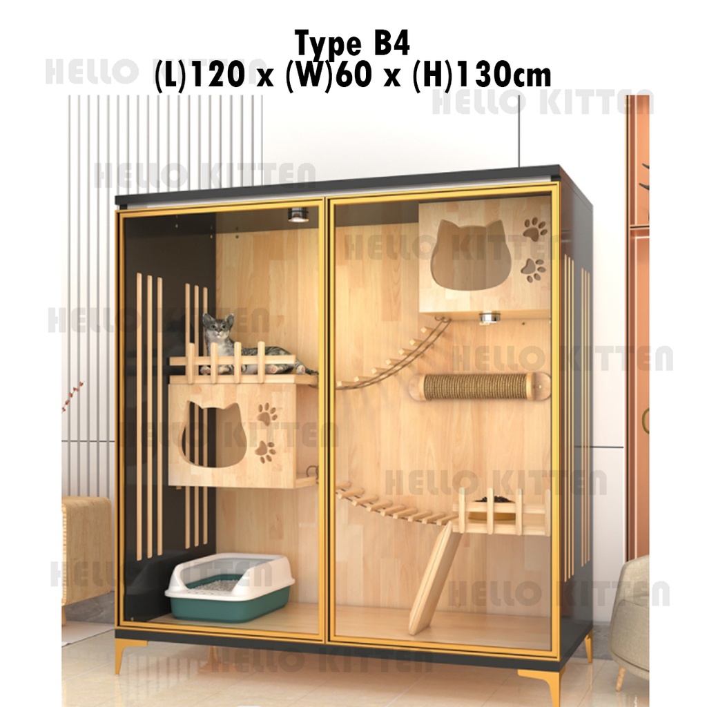 HK Premium Wood Indoor Cat Luxury Villa Cage Tempered Glass Door Extra ...