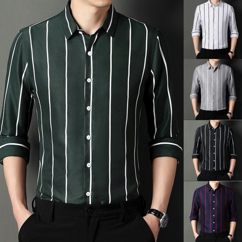 Striped Formal Shirt Men Business Essential Smart Shirt Slim Fit Long ...