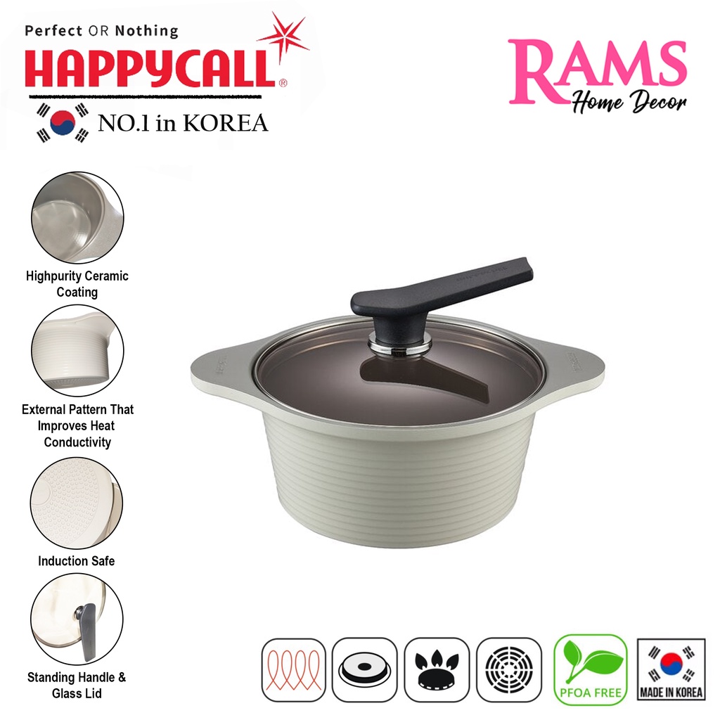 Happycall Onde Induction Ceramic Stock Pot IH Pearl Ivory with Tempered Glass Lid / 20CM / 24CM ...