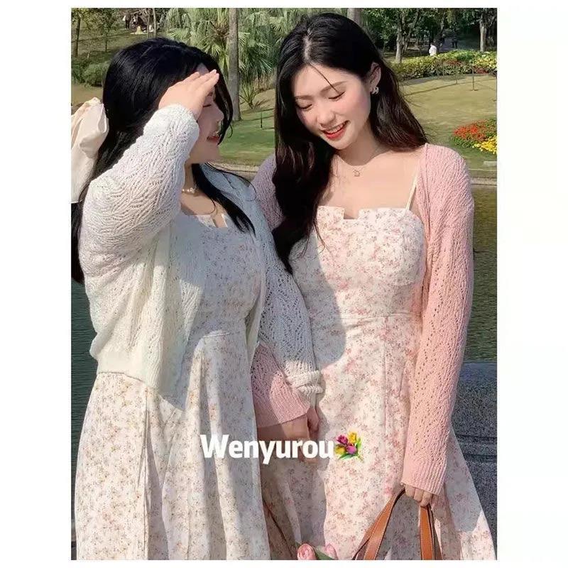 [45-100kg M-5xL] 2022春秋微胖MM连衣裙套装温柔风碎花吊带长裙女外搭显瘦针织开衫 fat pulssize oversize Dress | Shopee Malaysia
