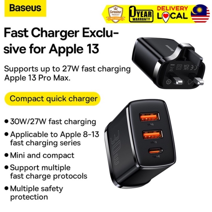 Original Baseus Compact Fast Charger USB-A+USB-A+Type-C 30W | Shopee ...