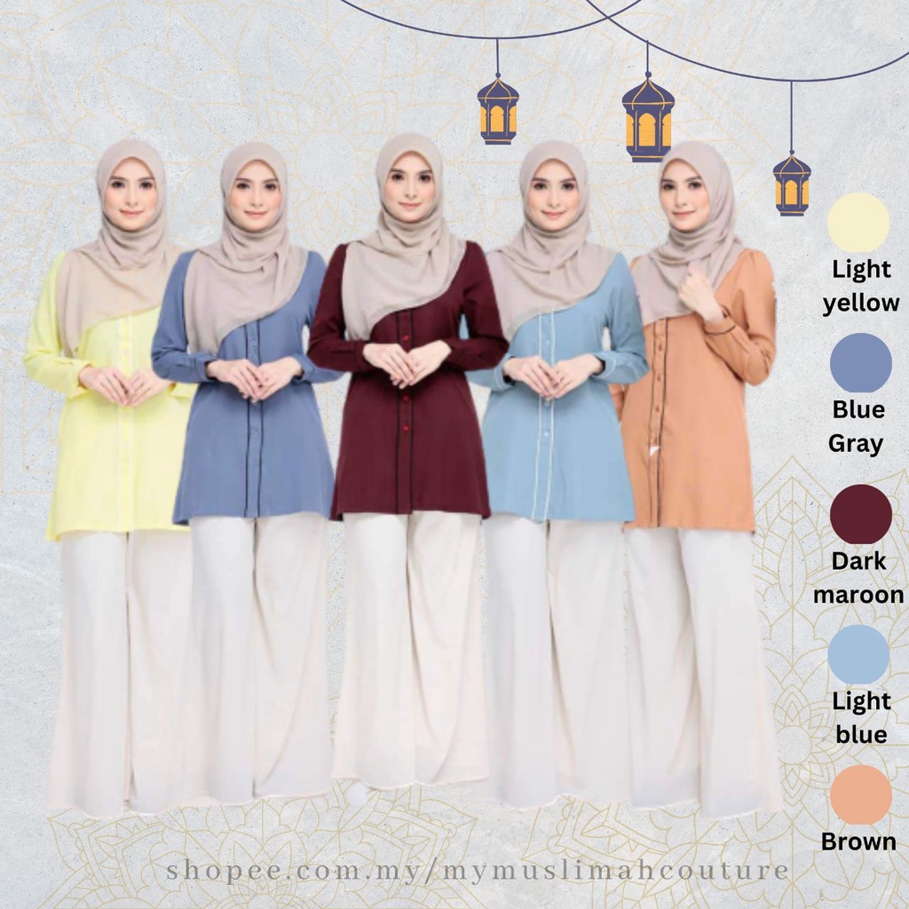Blouse Muslimah Labuh Butang Depan Plain Lengan Cekak Butang Baju ...