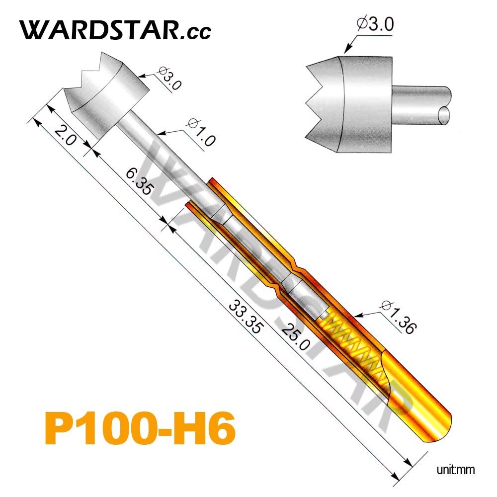 P100-H6 Dia 3.0mm Spring Test Probes Pogo Pin Length 33.35mm (Stroke ...