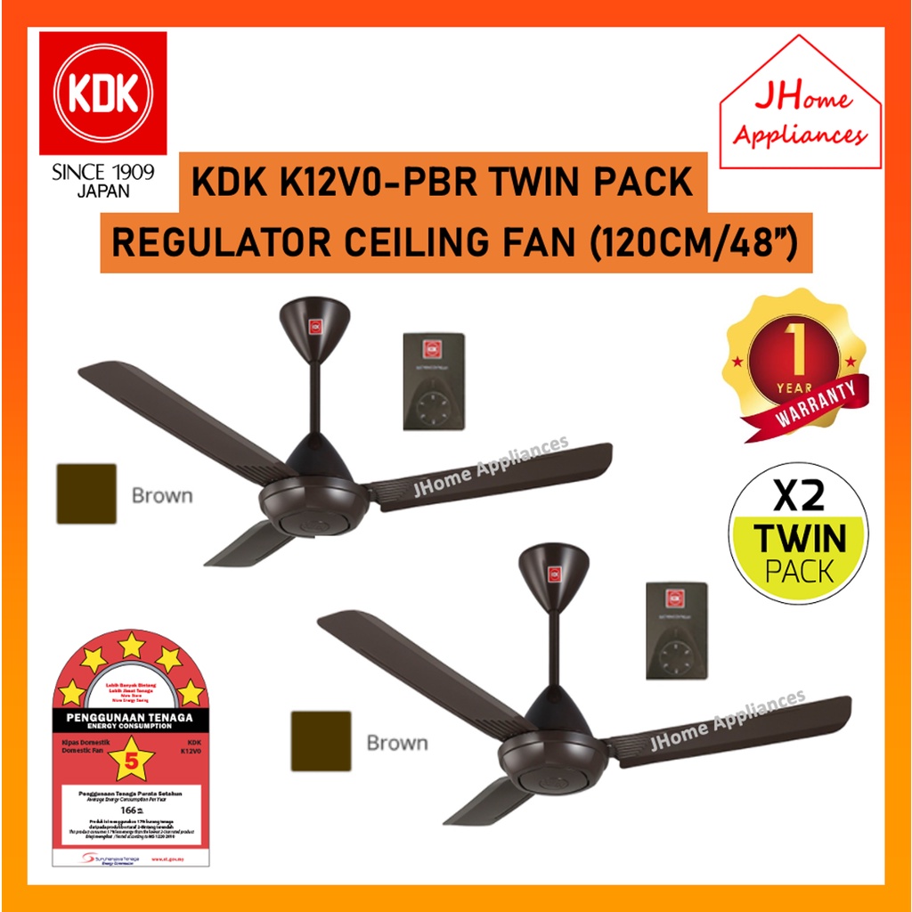 [2 UNITS] KDK K12V0-PBR TWIN PACK REGULATOR JUNIOR CEILING FAN (120CM ...