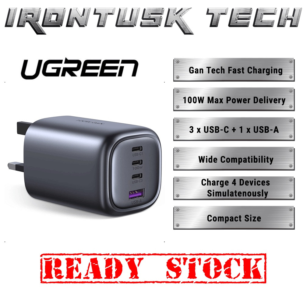 Ugreen UG-CD226-40749 100W USB C Wall Charger | 1 x USB-A and 3 x USB-C ...