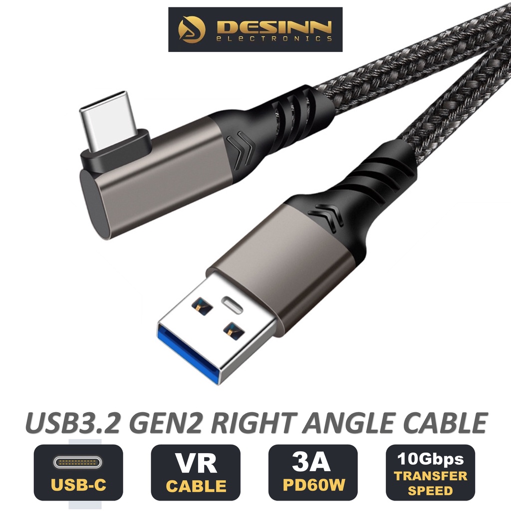 USB A 3.2 to Type C 10Gbps Right Angled VR Headset Charging Cable 1m PC ...