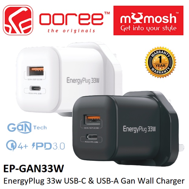 MYMOSH 33W USB-C & USB-A GAN WALL CHARGER ENERGYPLUG SUPPORT QUICK CHARGE QC4+, PD3.0 SCP & GAN ...