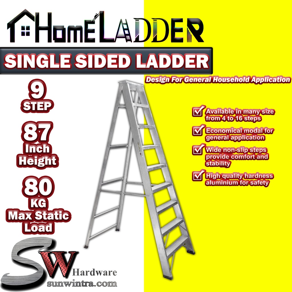 SW Hardware Extra Duty Home Ladder 9 STEP SINGLE SIDED ALUMINIUM LADDER ...