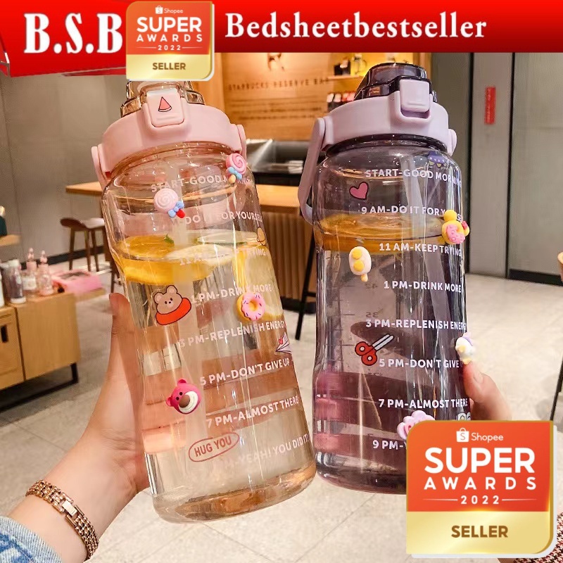 B.S.B 2000ml Reminder water bottle with straw scale big bottle 2Liter gym bottle sport water ...