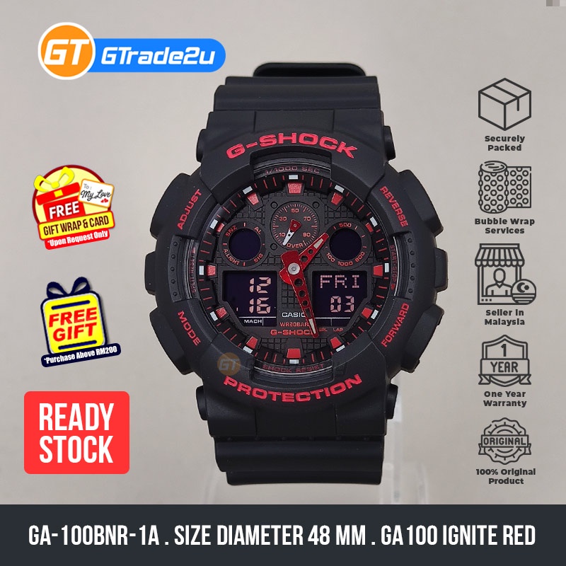 Original G Shock Men GA-100BNR-1A Analog Digital GA100 Ignite Red Watch Red Black Resin Band ...