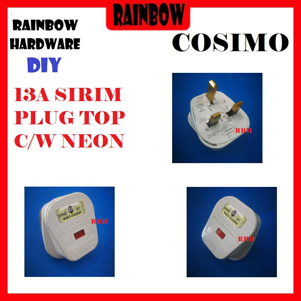 13A COSIMO SIRIM PLUG TOP WITH NEON UK STANDARD / 3 PIN PLUG TOP ...