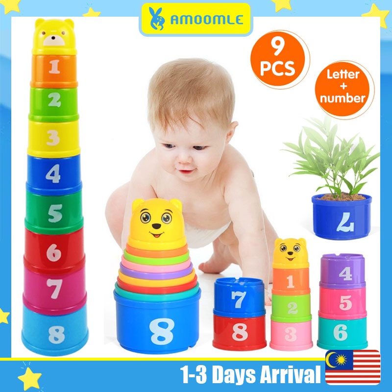 9 Pcs Baby Toys Stacking Cups Towers With Numbers And Alphabet Building ...