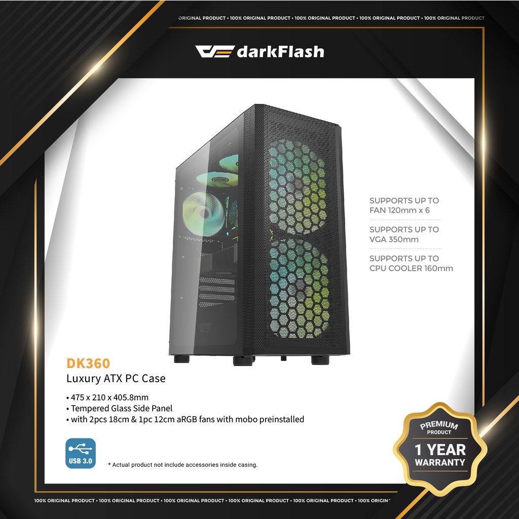 darkFlash DK360 ATX Casing with 2pcs 18cm and 1pcs 12cm aRGB Fans with ...