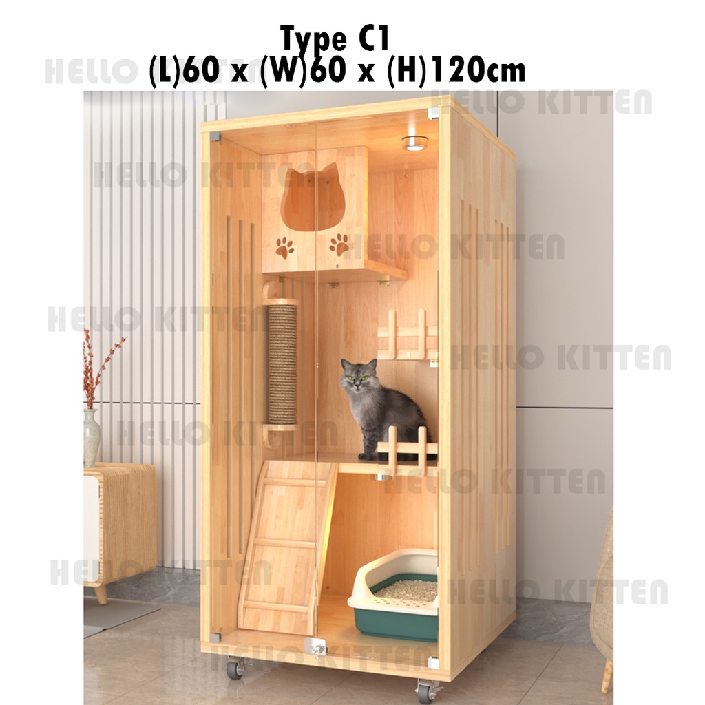 HK Premium Wood Indoor Cat Luxury Villa Cage Tempered Glass Door Extra ...