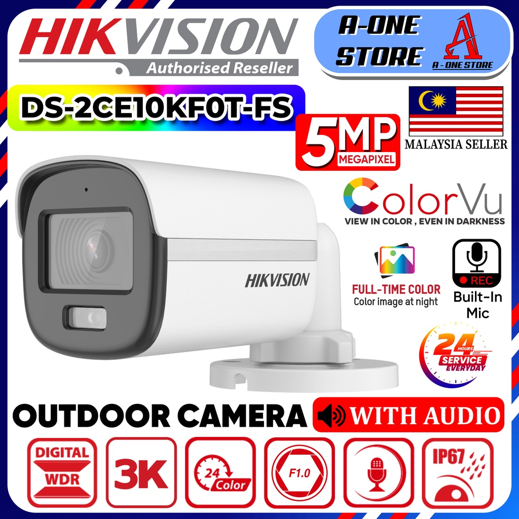 HIKVISION ColorVu 5MP Outdoor Bullet MIC / AUDIO 3K Camera HIK DS-2CE10KF0T-FS FULL HD 5.0MP ...