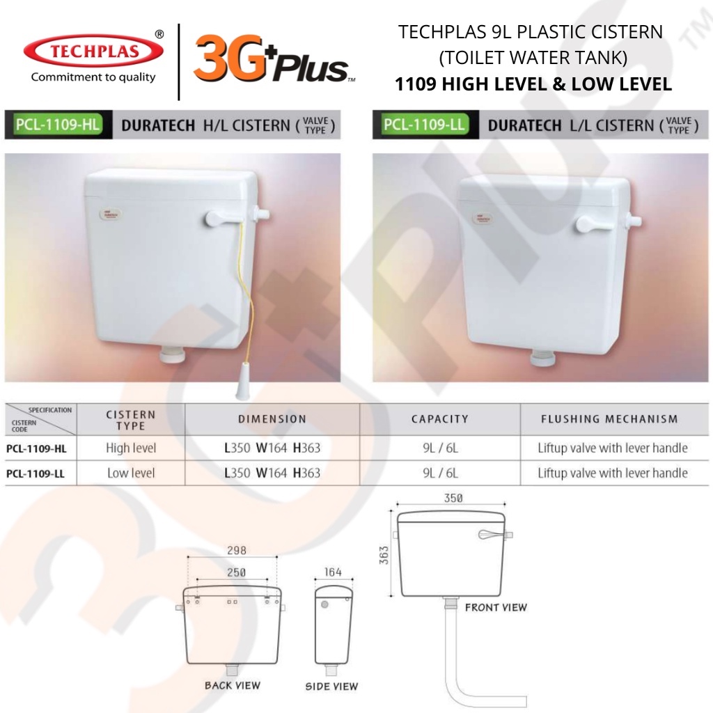 TECHPLAS 9LITRES Plastic Water Cistern Toilet Flushing Tank 1103/1104 ...