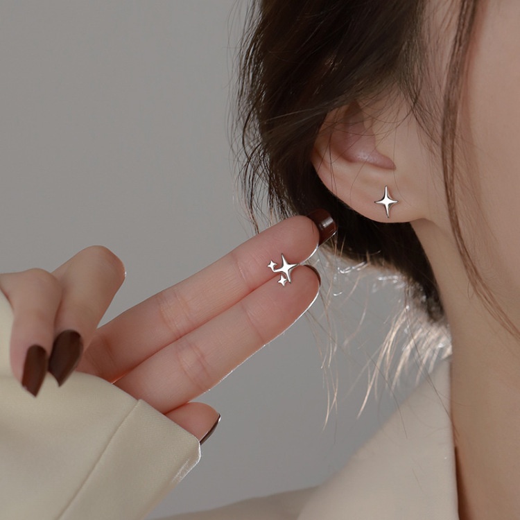 S925 Sterling Silver Four-Pointed Star Earrings Simple Fashion Jewelry ...