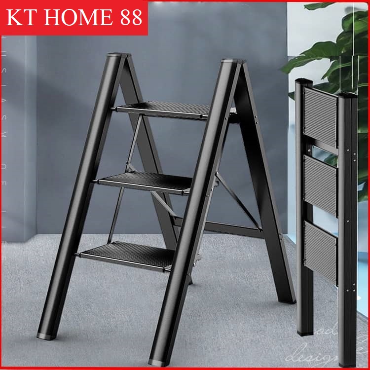 3 Steps Ladder Black Aluminum Lightweight Folding with Anti-Slip & Wide ...