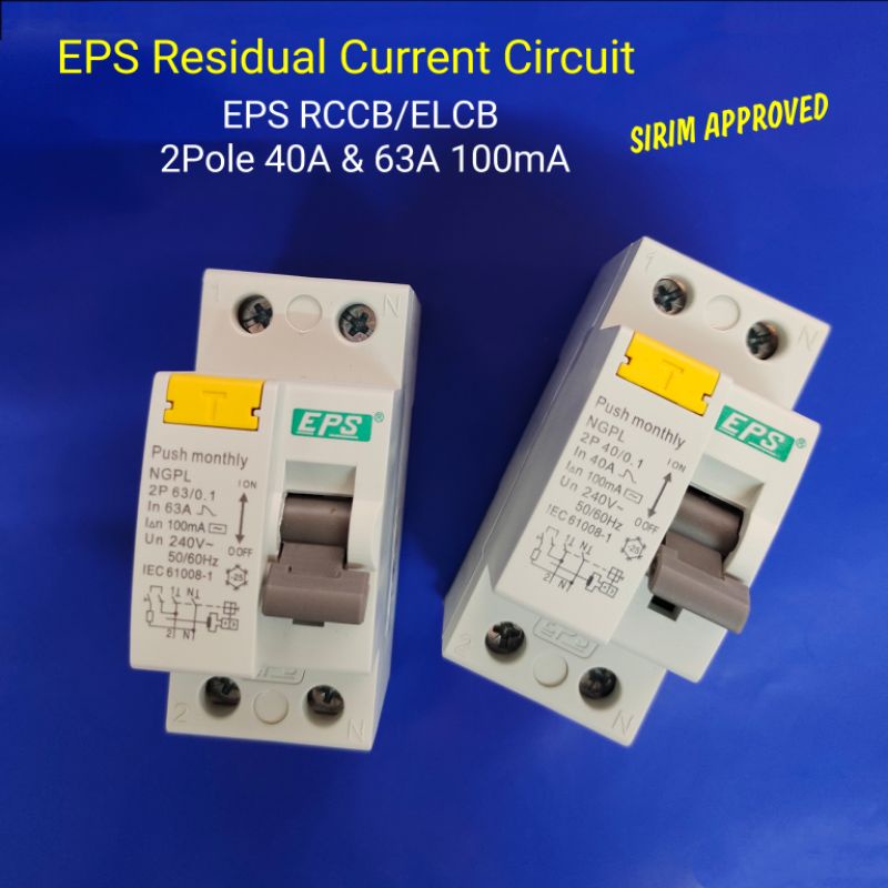 RCCB/ELCB/Automatic switch EPS 2 Pole 40A & 63A 100mA Residual Current Circuit Breaker (Sirim ...