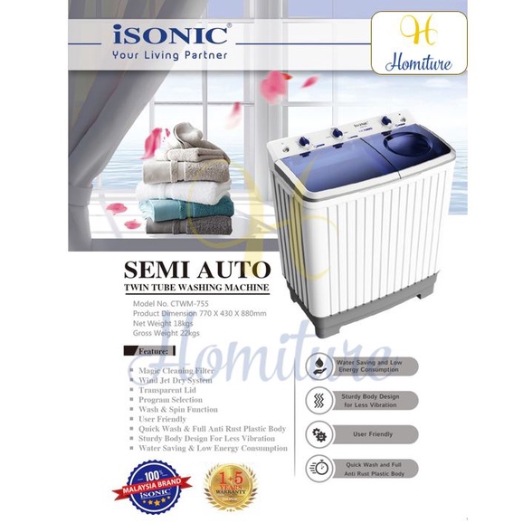 ISONIC 7.5kg SEMI AUTO WASHING MACHINE | Shopee Malaysia