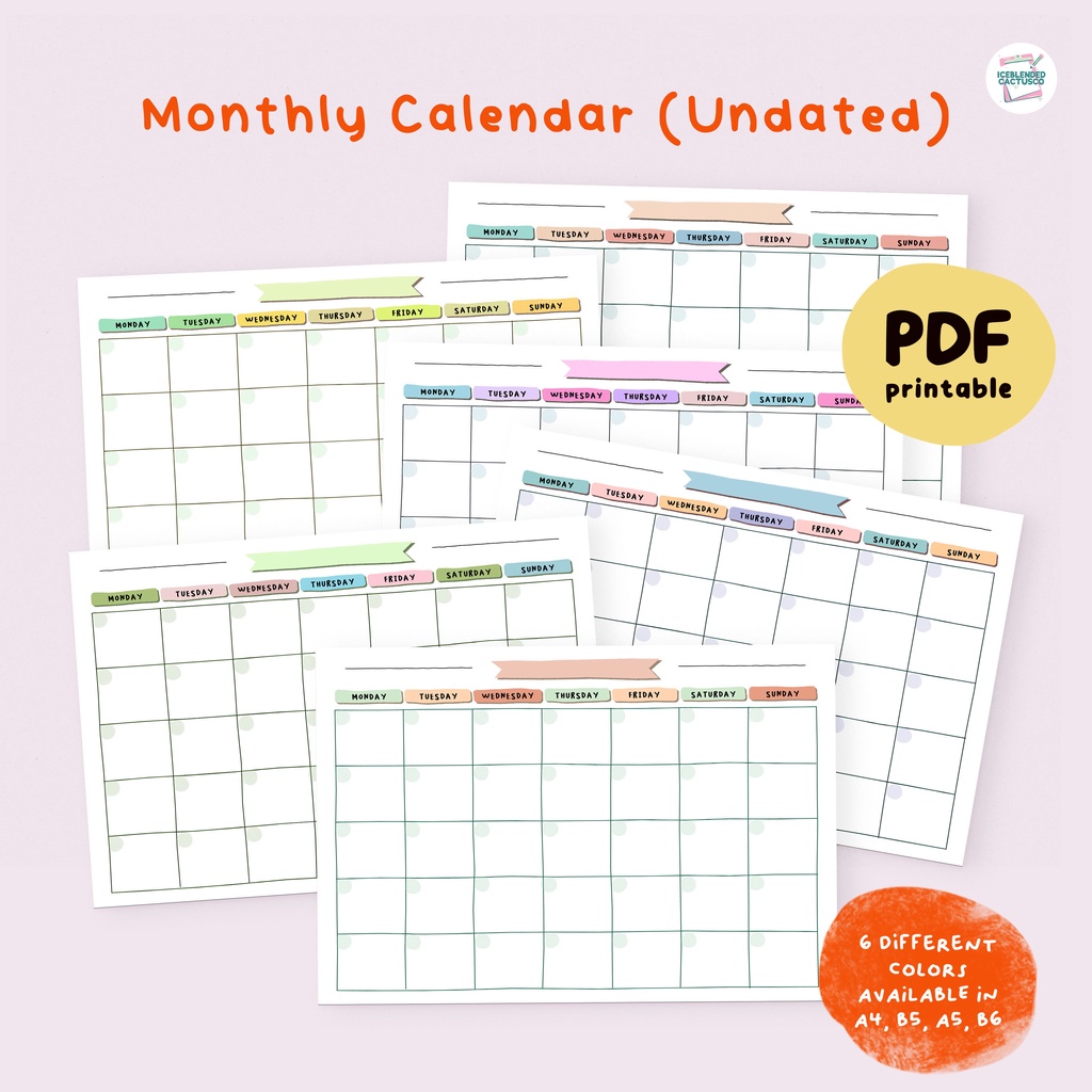 6 Colors Blank Minimal Monthly Calendar Planner (Undated)[Printable PDF ...