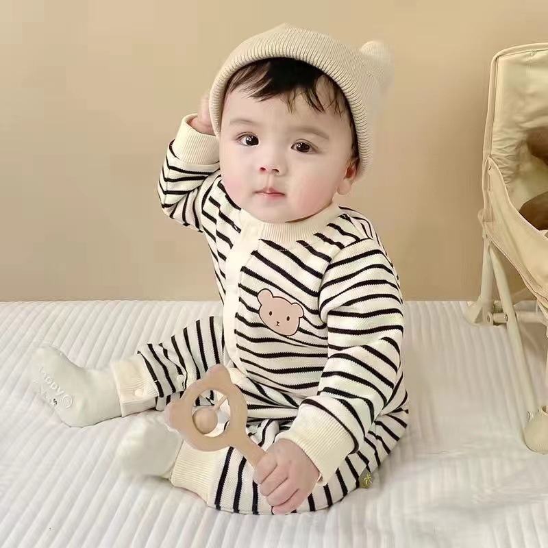 Newborn Infant Autumn Romper Clothes Baby Korean Fashion Cotton Striped ...