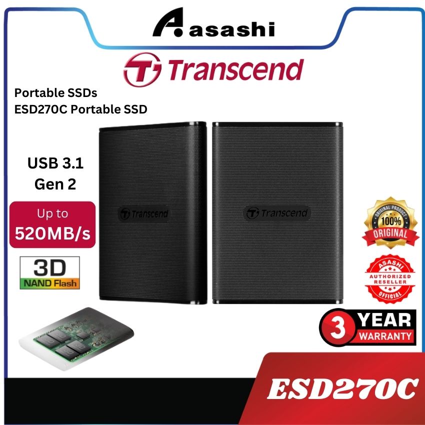 Transcend ESD270C 500GB / 1TB / 2TB USB3.1 Gen2 Type-C Portable SSD ...