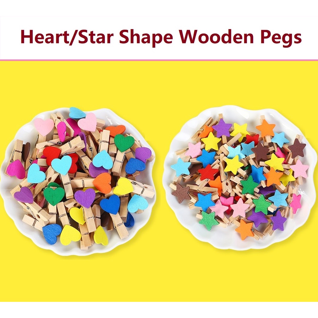 10 Pcs Heart/Star Shape Mini Colour Wooden Pegs Klip Penyepit Sepit ...