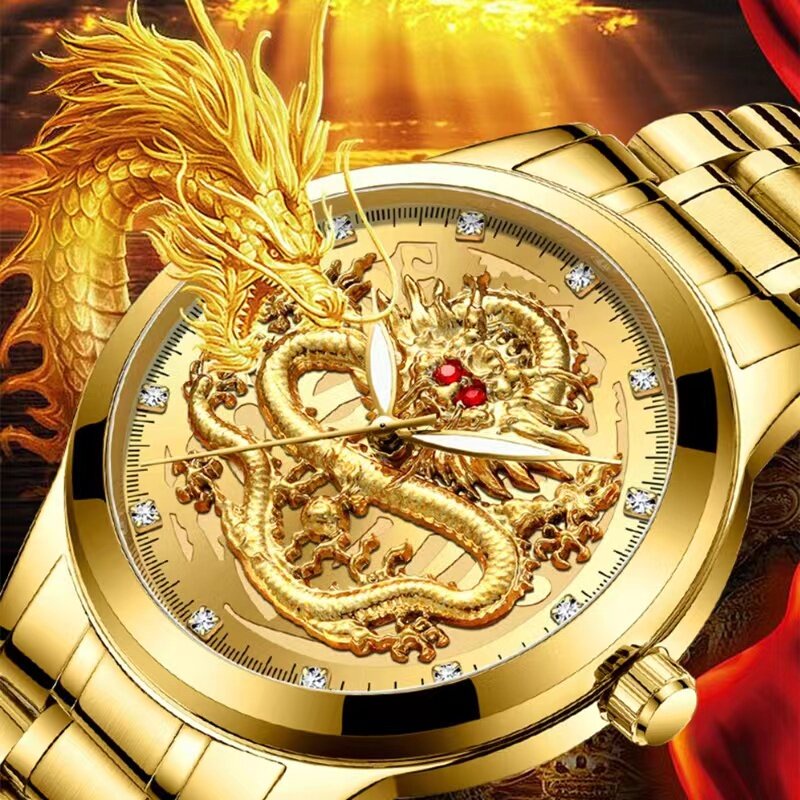 POSHI Top Brand Luxury Gold Mens Watch 3D Engraving Golden Dragon ...