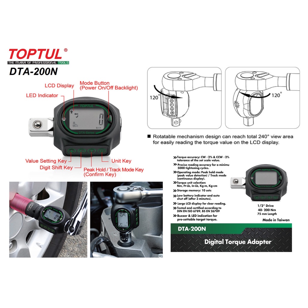 Toptul Taiwan DTA-200Nm 1/2-inch Dr. Digital Torque Adapter | Shopee ...