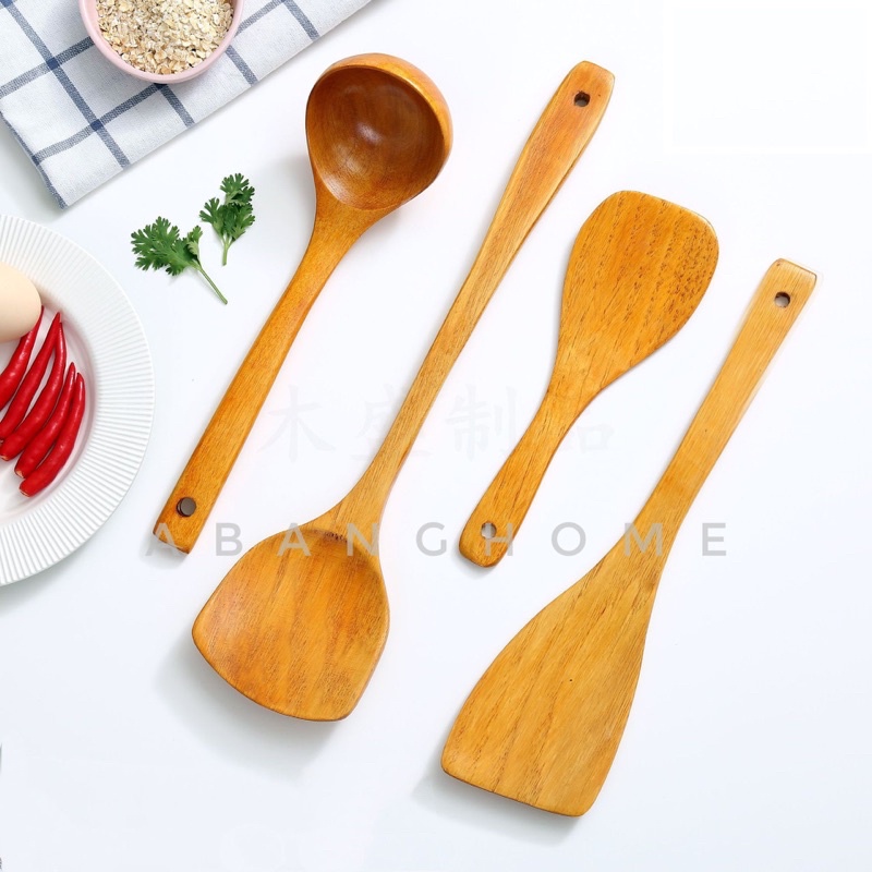 🇲🇾 4pc Set Wooden Cooking Utensil Senduk Kayu Asli Kitchenette Spatula ...