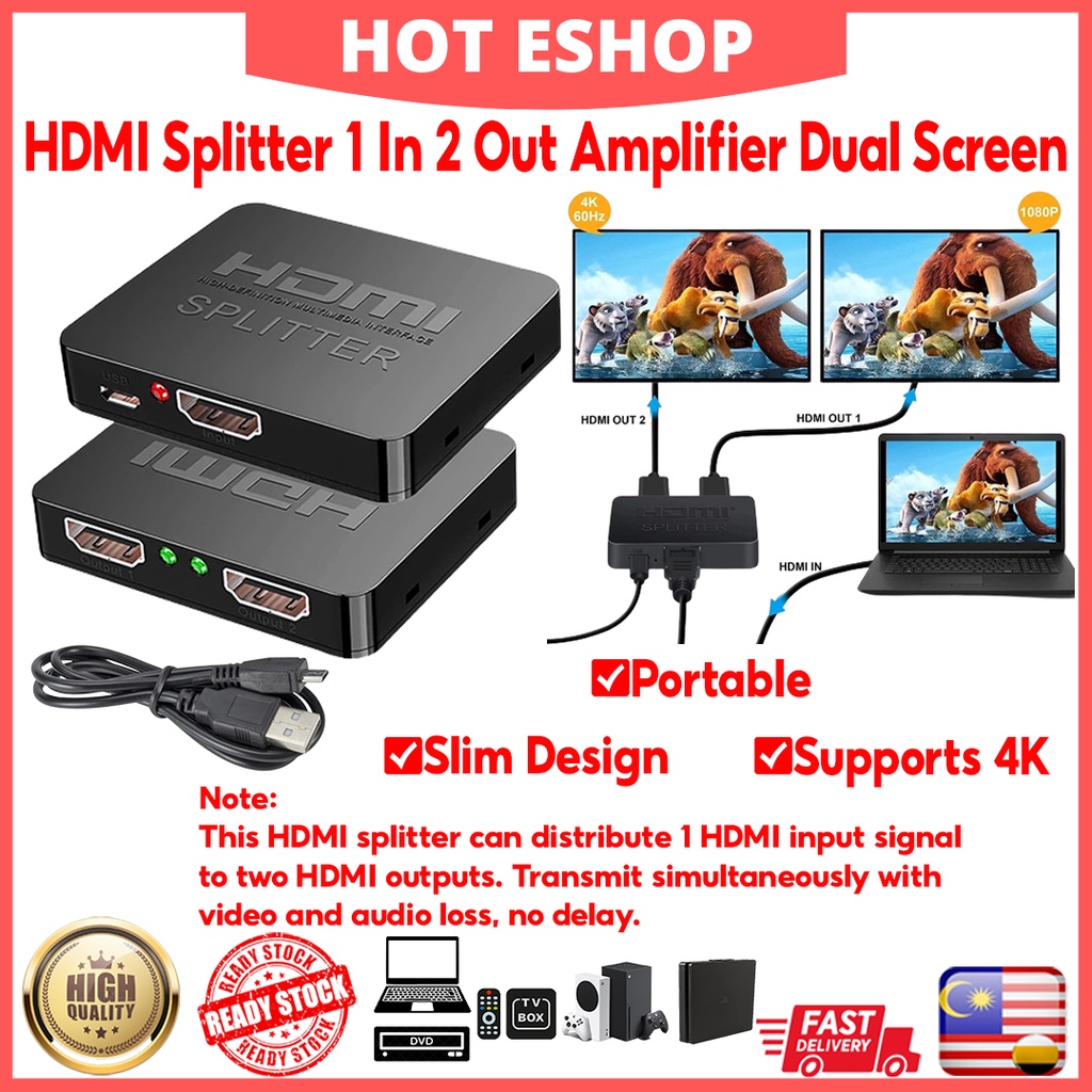 HDMI splitter 1x2 HDMI 2.0 Splitter 1 in 2 out HDMI Amplifier 4K 1080p ...