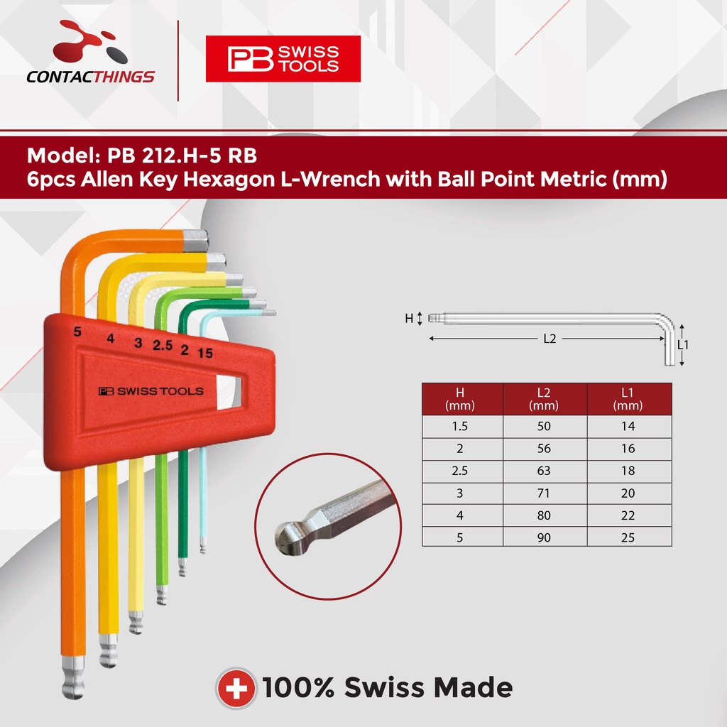 PB SWISS TOOLS 6pcs Allen Key Hexagon L-Wrench with Ball Point Metric (mm) PB 212.H-5 RB ...
