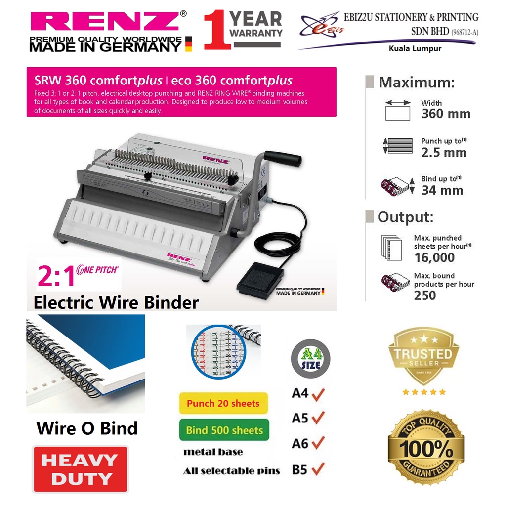 RENZ Electric Wire Comb Binding Machine Eco 360 Comfortplus Type 2:1 pitch (MADE IN GERMANY ...
