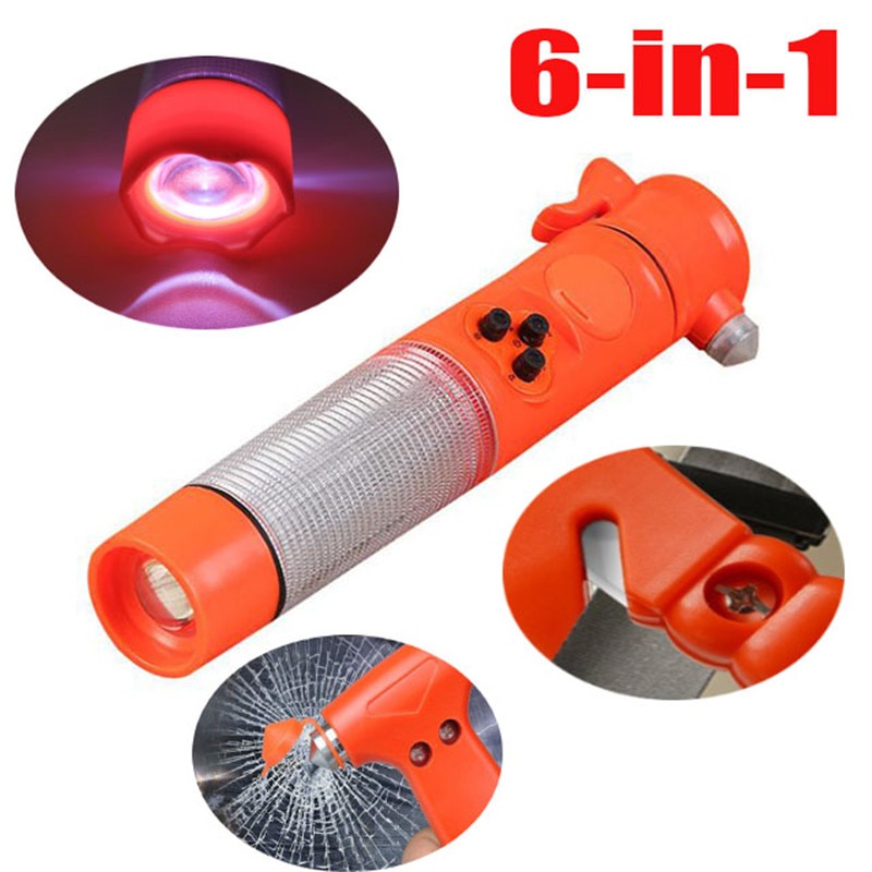 6IN1 Multi-function LED Strobe Light Beacon Torch Safety Hammer Alarm ...